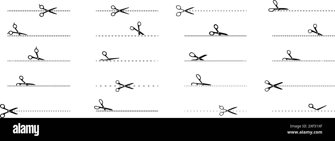 Collection of scissors cutting different lines. Cut here symbols Stock ...