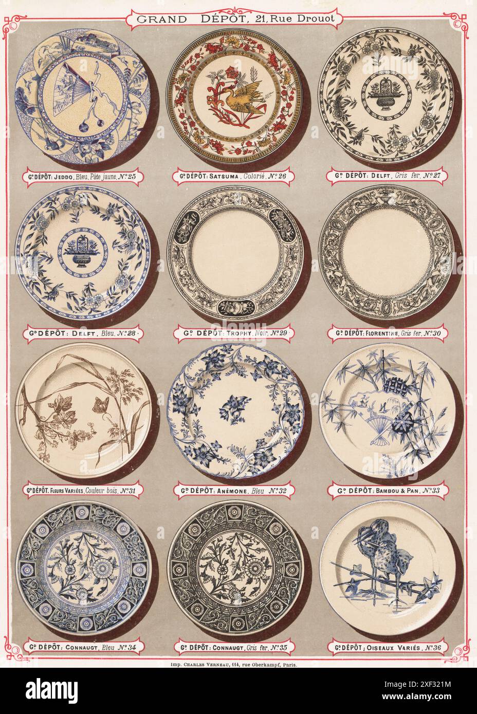 A dozen porcelain dinner plates in various patterns. Designs include ...