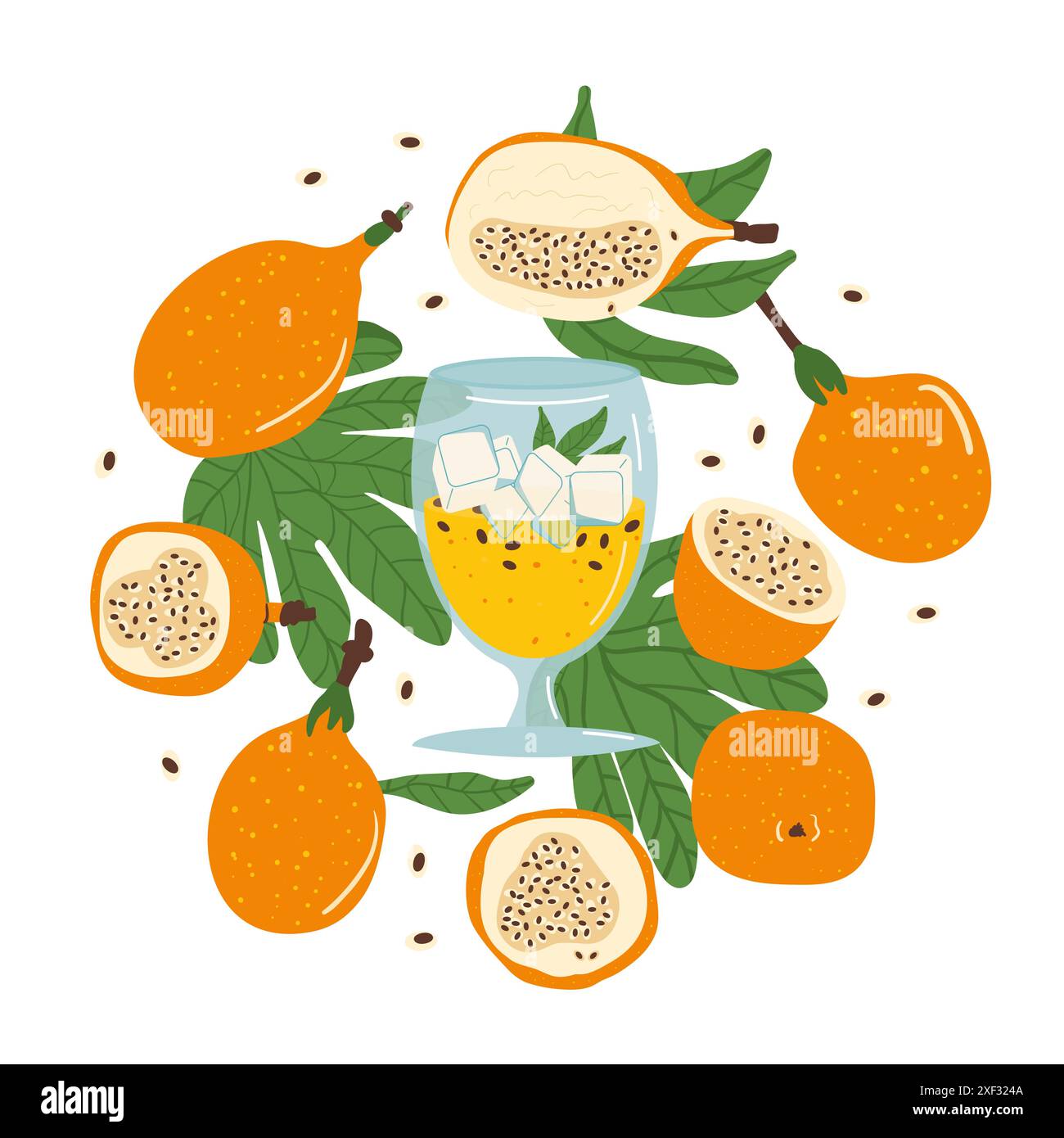 Sweet granadilla juice composition set. Tropical fruits fresh clipart ...