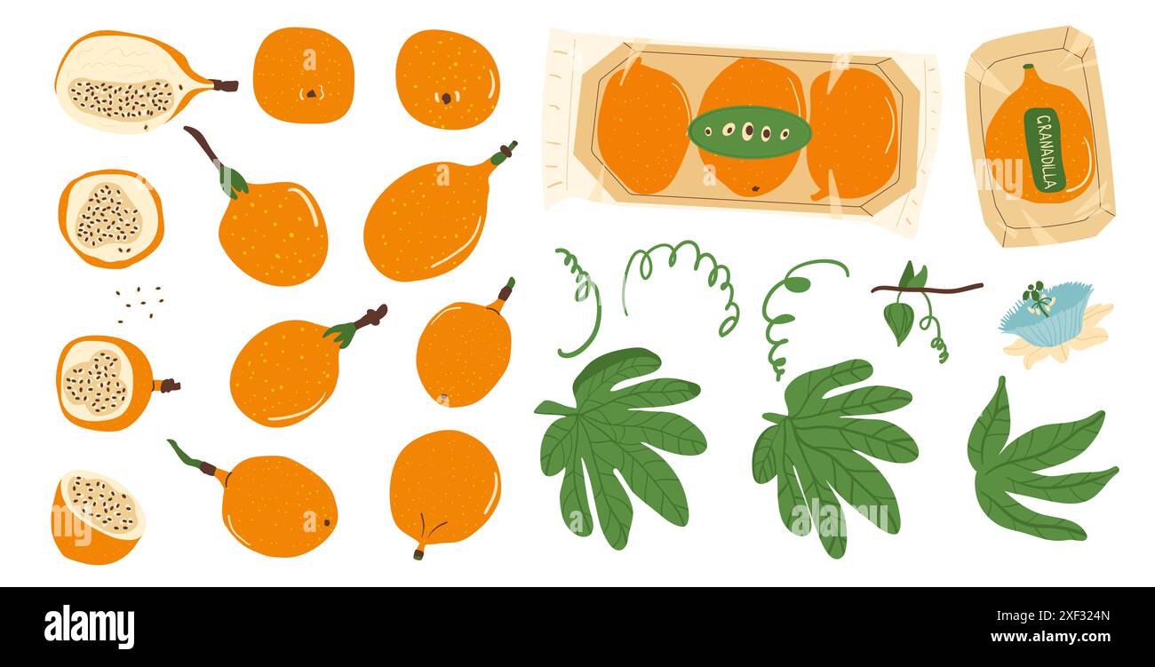 Sweet granadilla set. Tropical half and whole and packaging fruits with ...