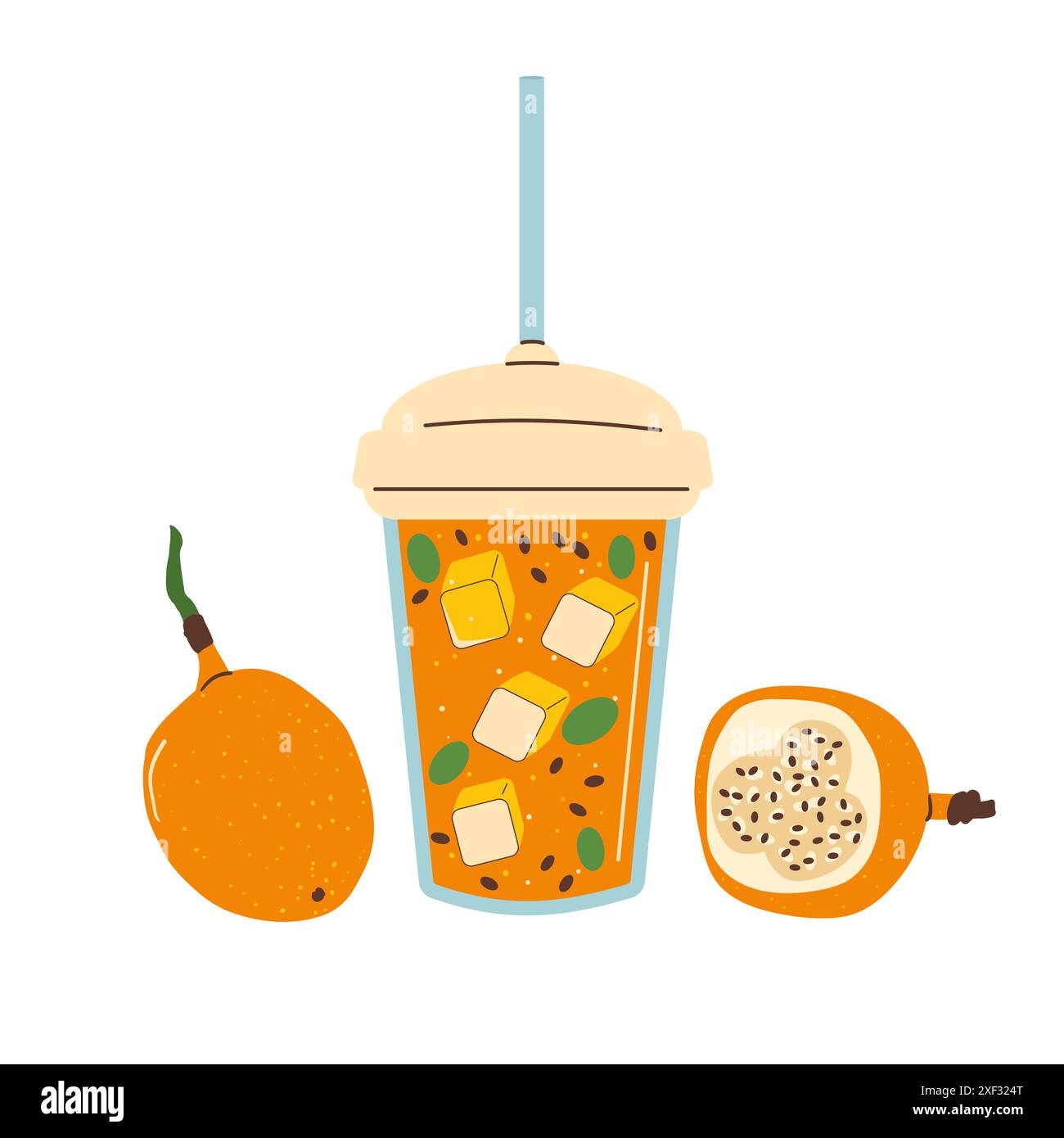 Sweet granadilla juice. Tropical half and whole fruit and glass of ...