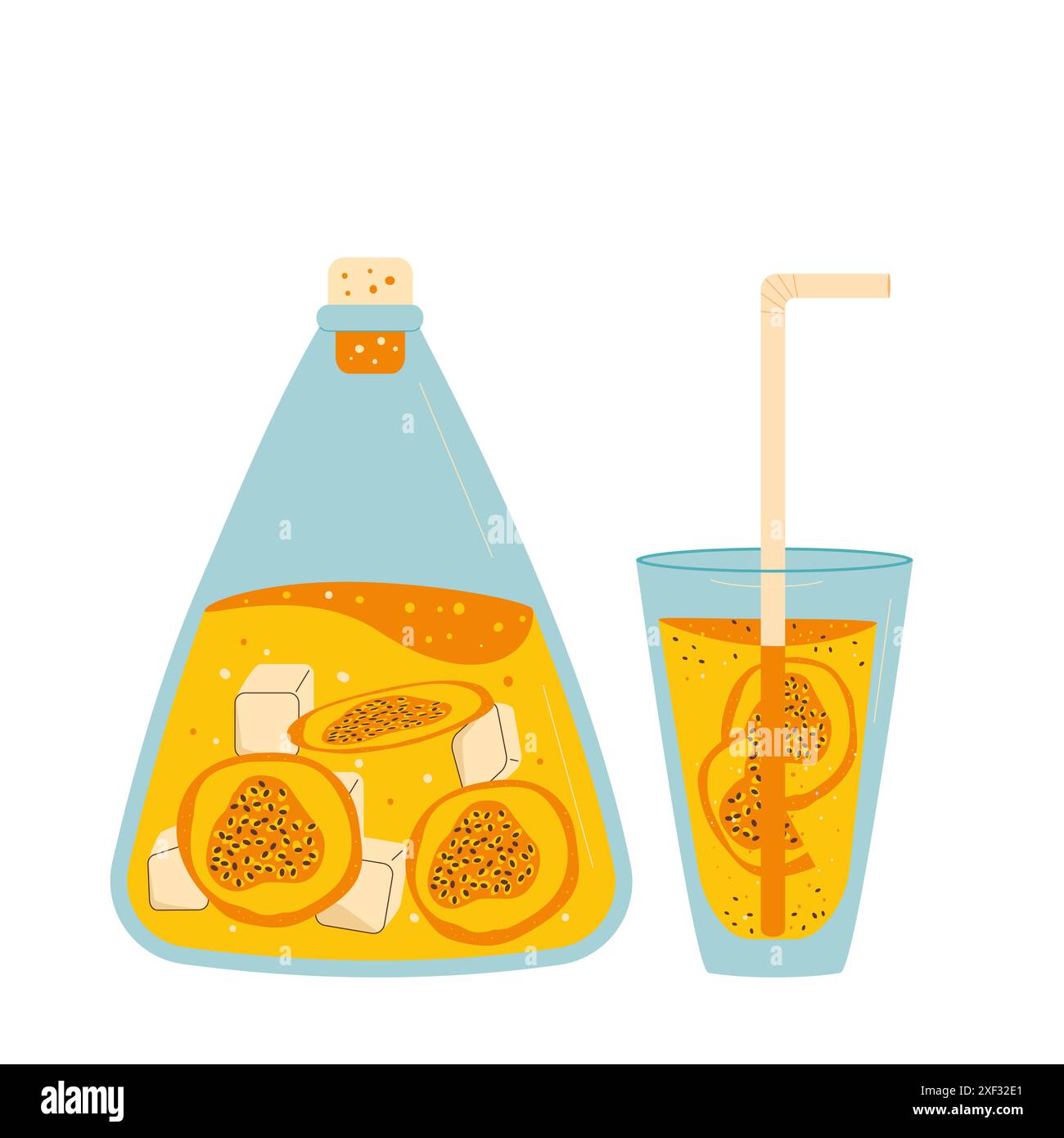 Sweet granadilla juice. Tropical half and whole fruit and glass of ...