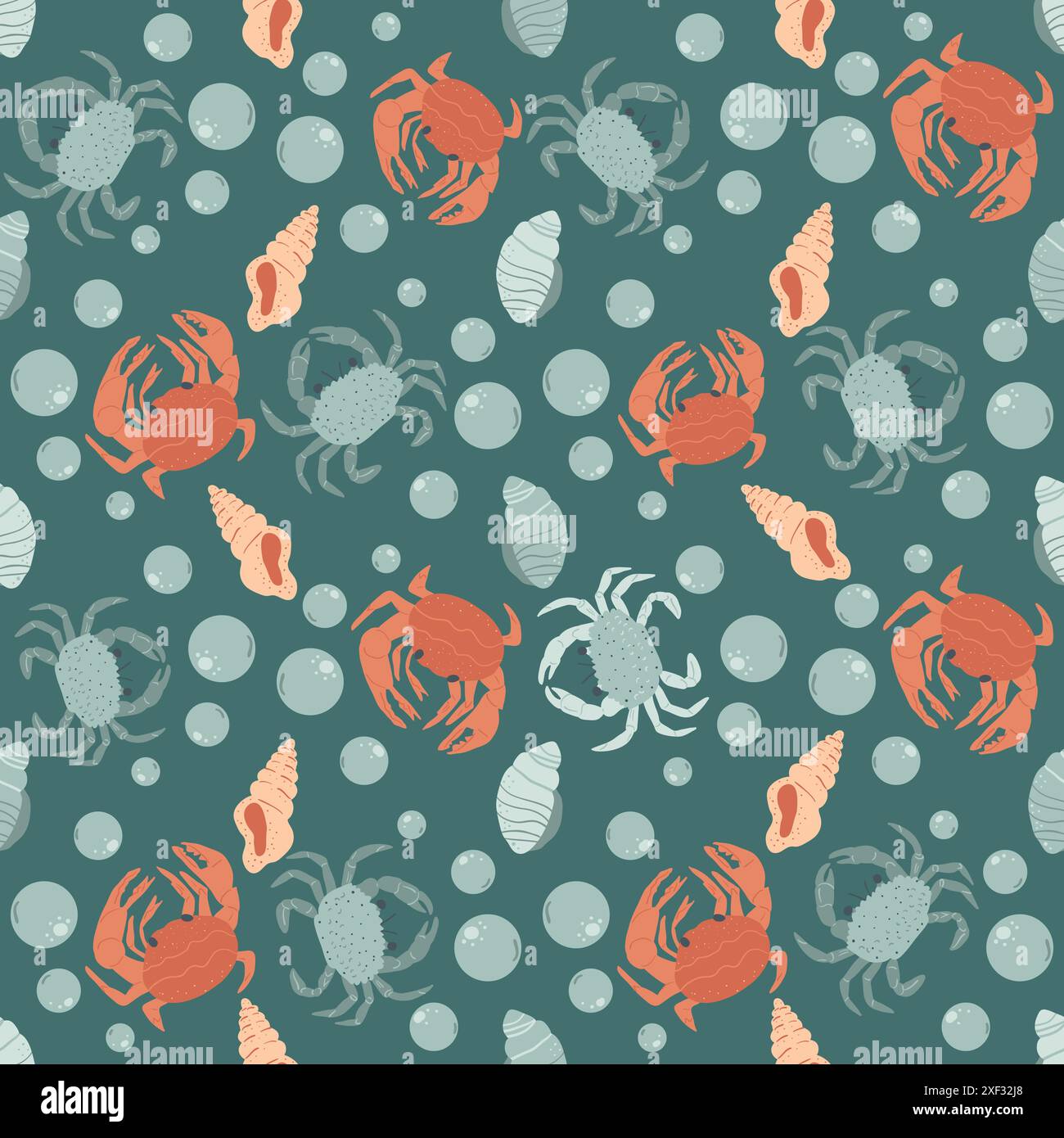 Seamless pattern with Crustaceans. Crabs with shells and bubbles repeat ...