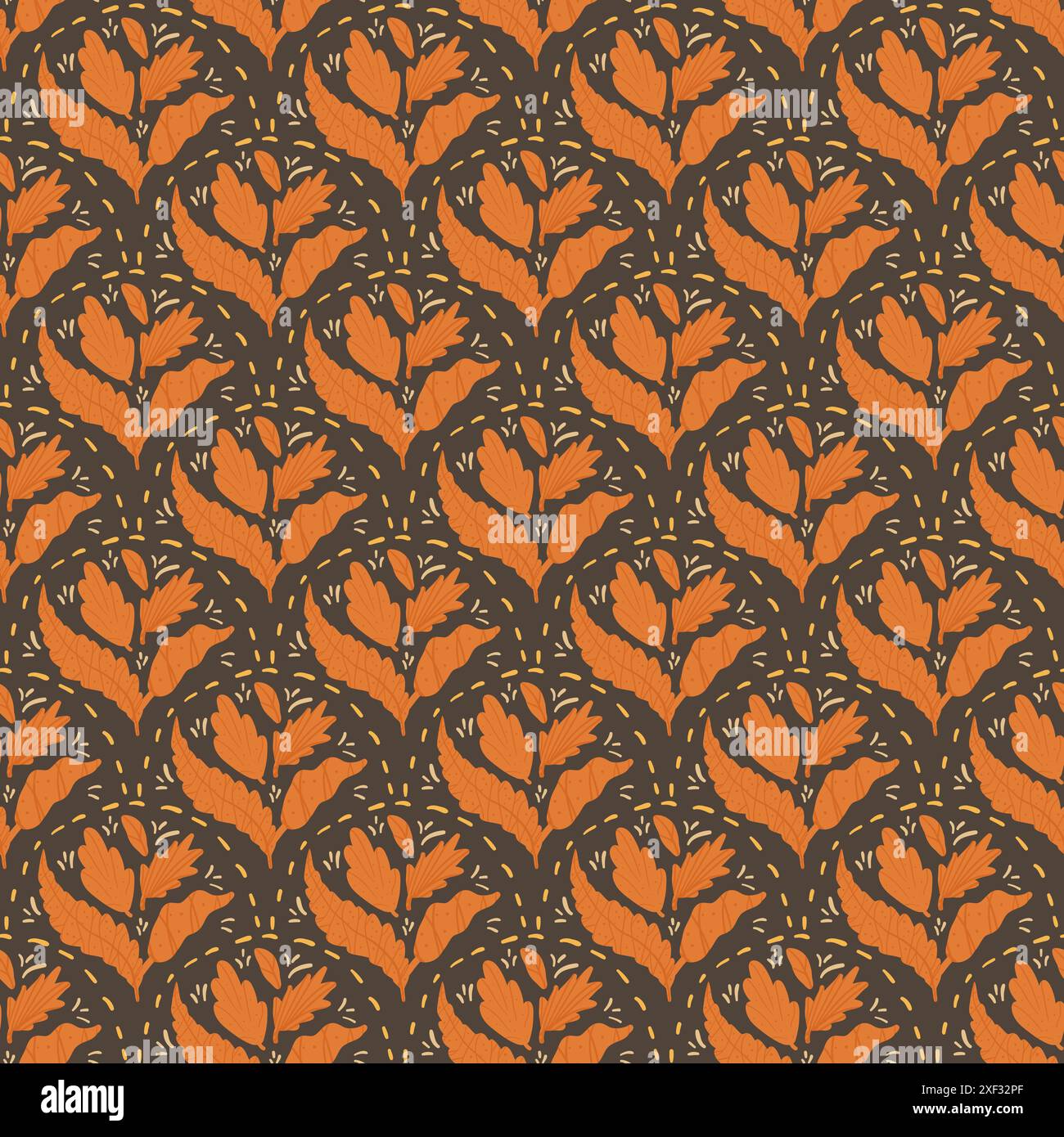 Autumn leaves scallop seamless pattern. Fall forest repeat dark ...
