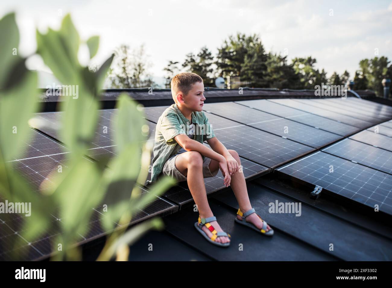 Cute boy sitting on roof with solar panels, looking at surrounding ...