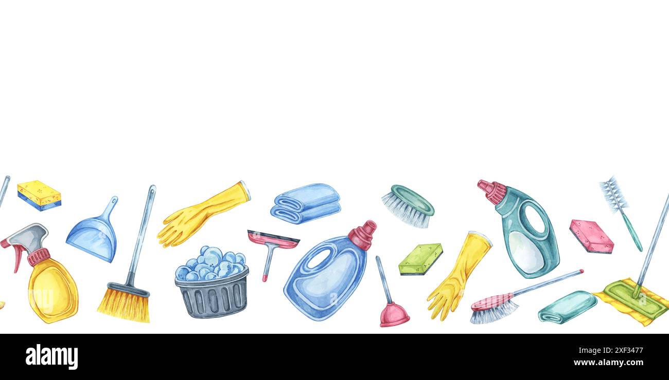 Cleaning toolkit seamless border. Watercolor banner clipart for ...