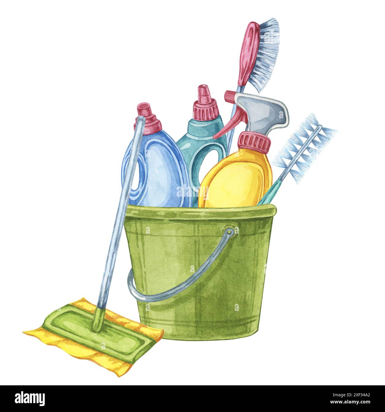 A green bucket with cleaning items including a detergent, spray bottle ...