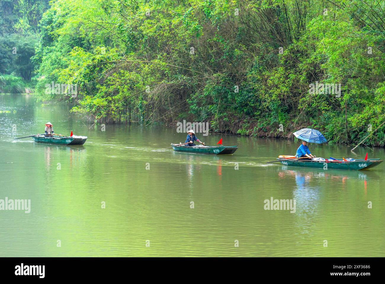 Tourists float by boat on the river of the Tam Coc National Park ...