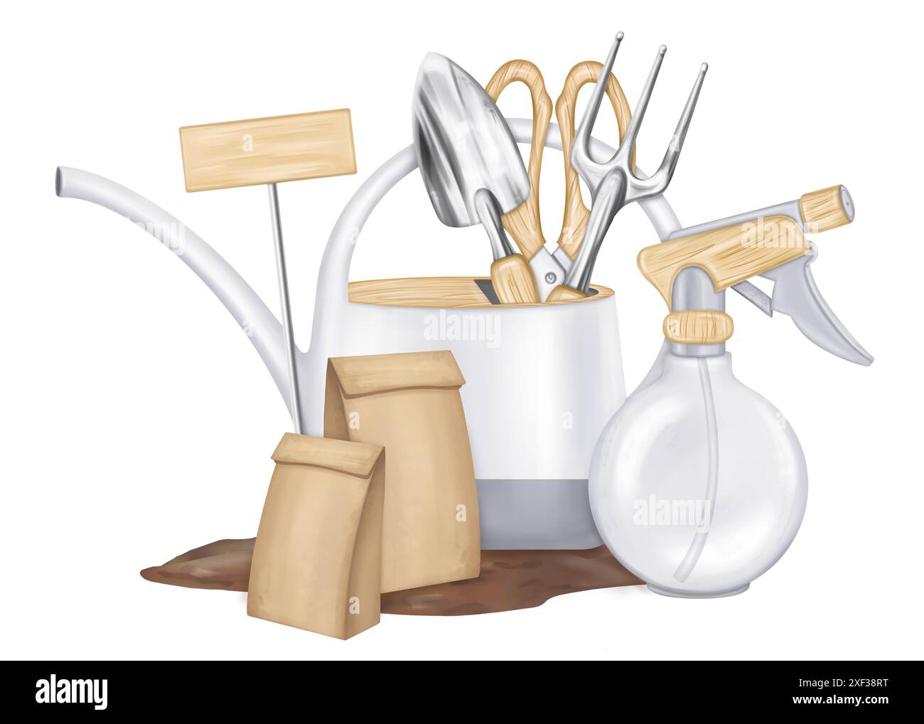 A composition of working tools, watering can, rake, shovel, spray gun ...