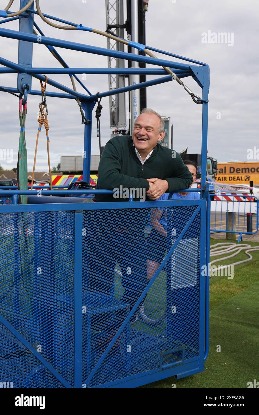 Liberal Democrat leader Sir Ed Davey before taking part in a bungee ...