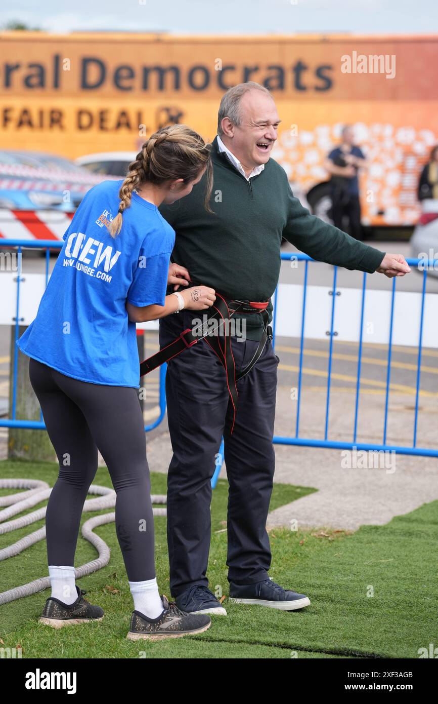 Liberal Democrat leader Sir Ed Davey before taking part in a bungee ...
