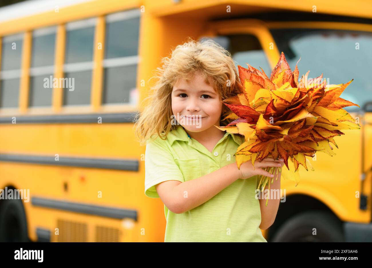 Kids face in autumn outdoor. Back to school in september. Autumn child ...