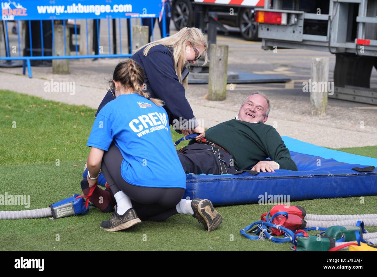 Liberal Democrat leader Sir Ed Davey after taking part in a bungee jump ...