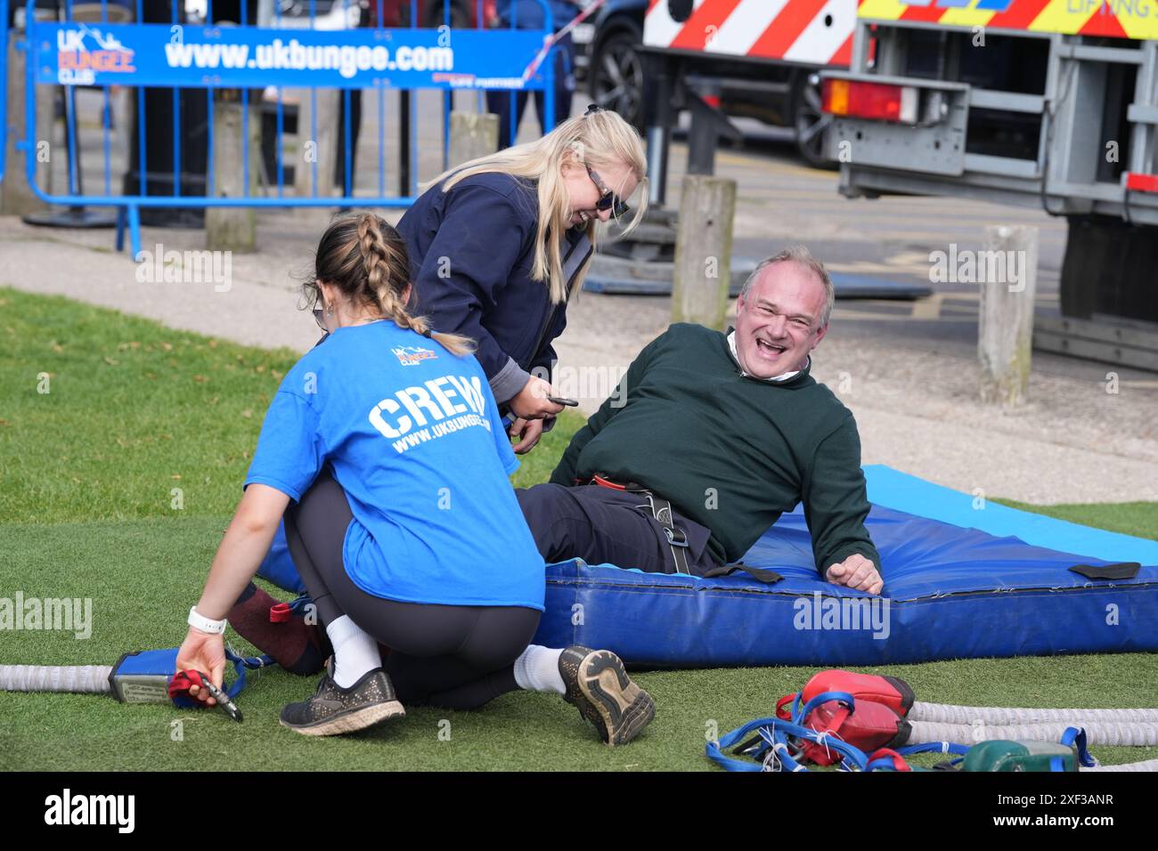 Liberal Democrat leader Sir Ed Davey after taking part in a bungee jump ...