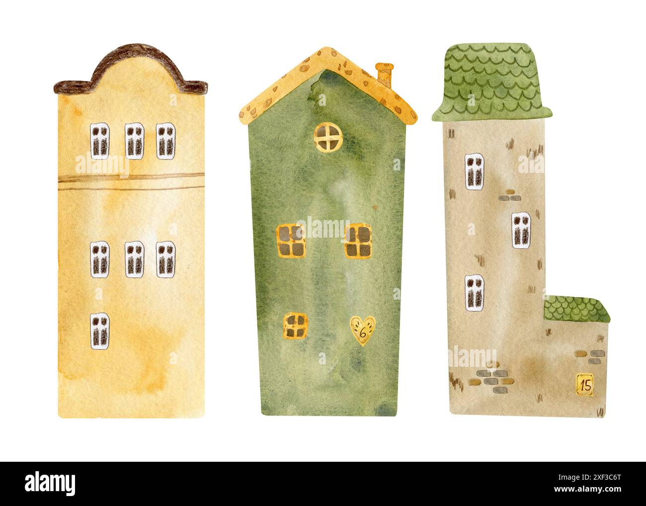 Set of watercolor illustrations of country houses. Hand drawn ...