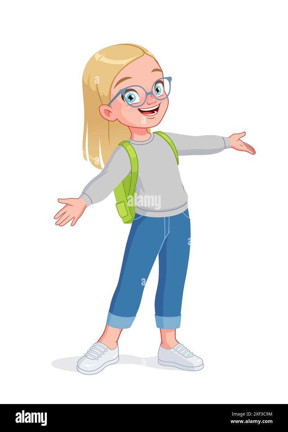 Little girl in eyeglasses greeting with wide open arms. Cartoon vector ...
