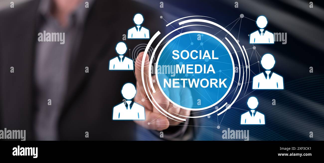 Man touching a social media network concept on a touch screen with his ...