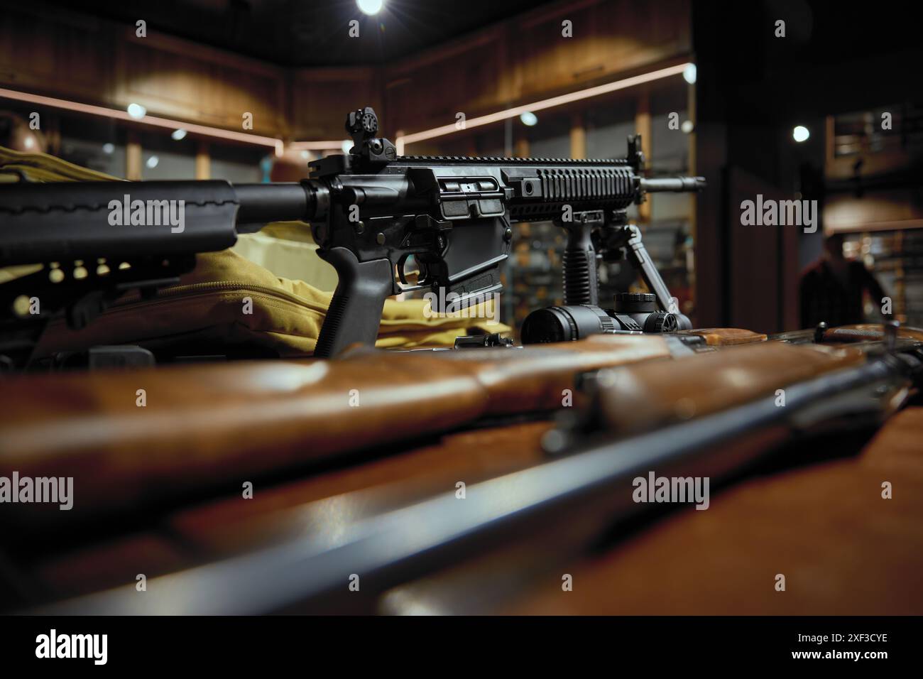 Machine gun, rifle arsenal presentation at weapon store Stock Photo - Alamy