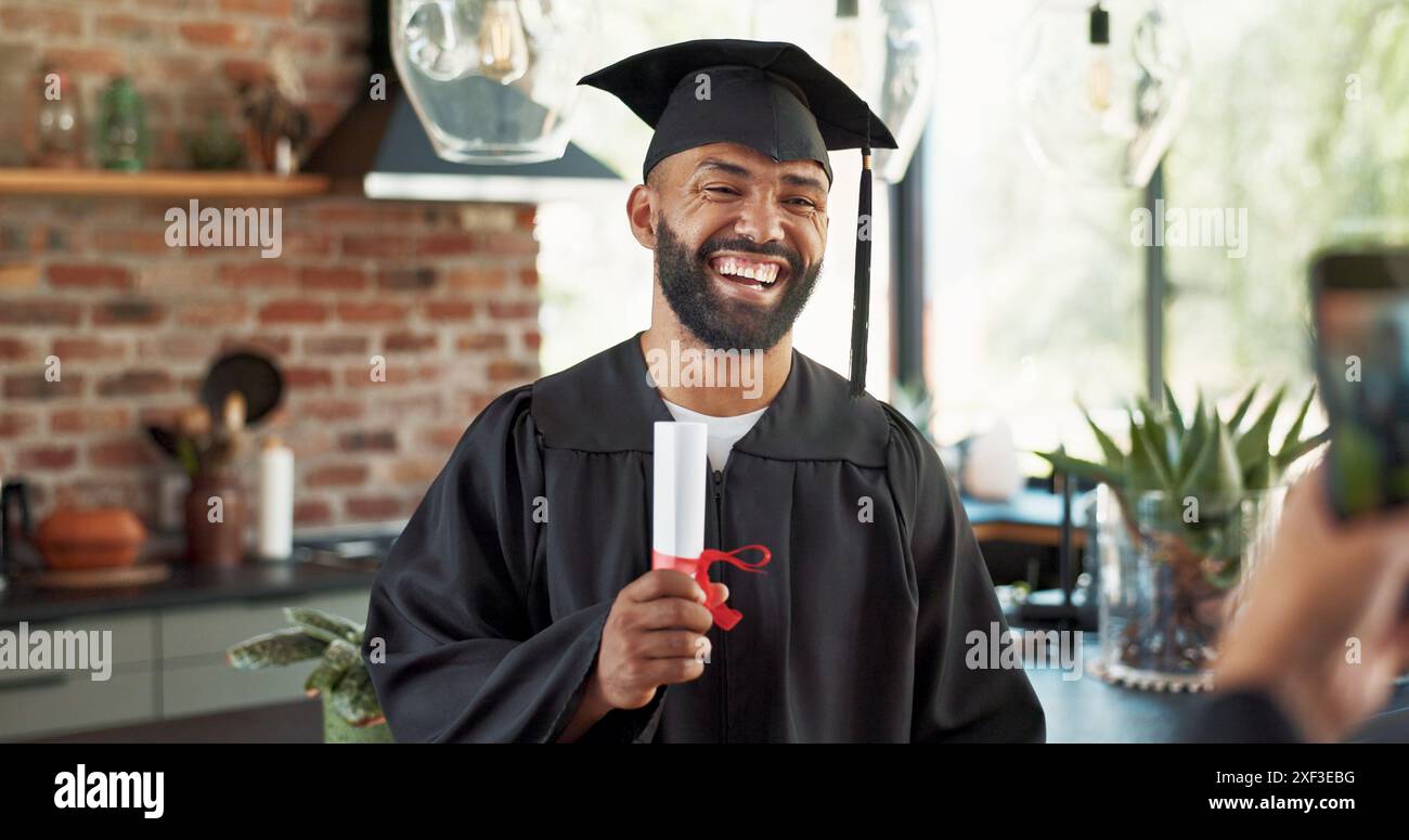 Graduation, man and happy with photo in home with certificate, diploma ...