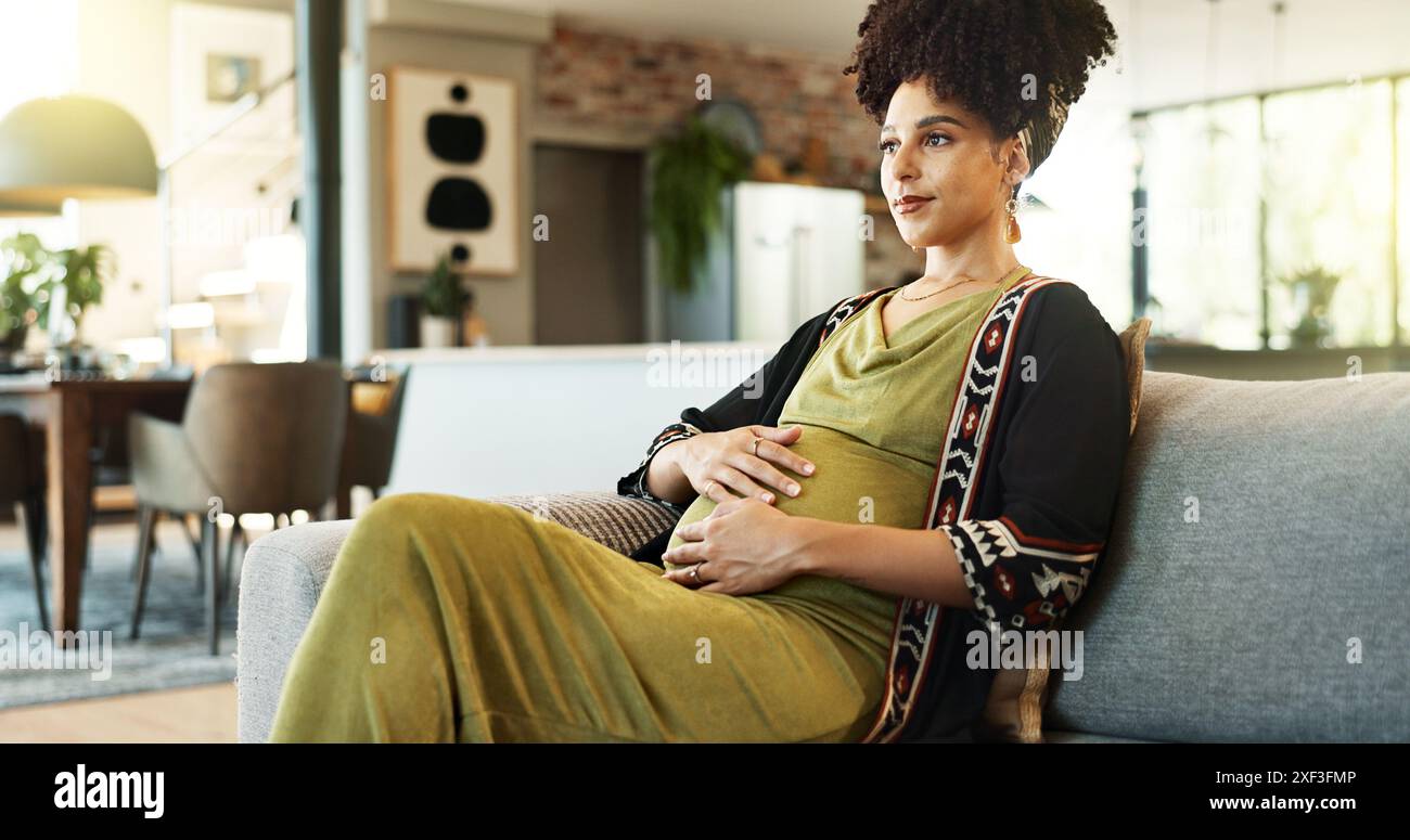 Thinking, home and pregnant woman with idea, belly and abdomen touch ...