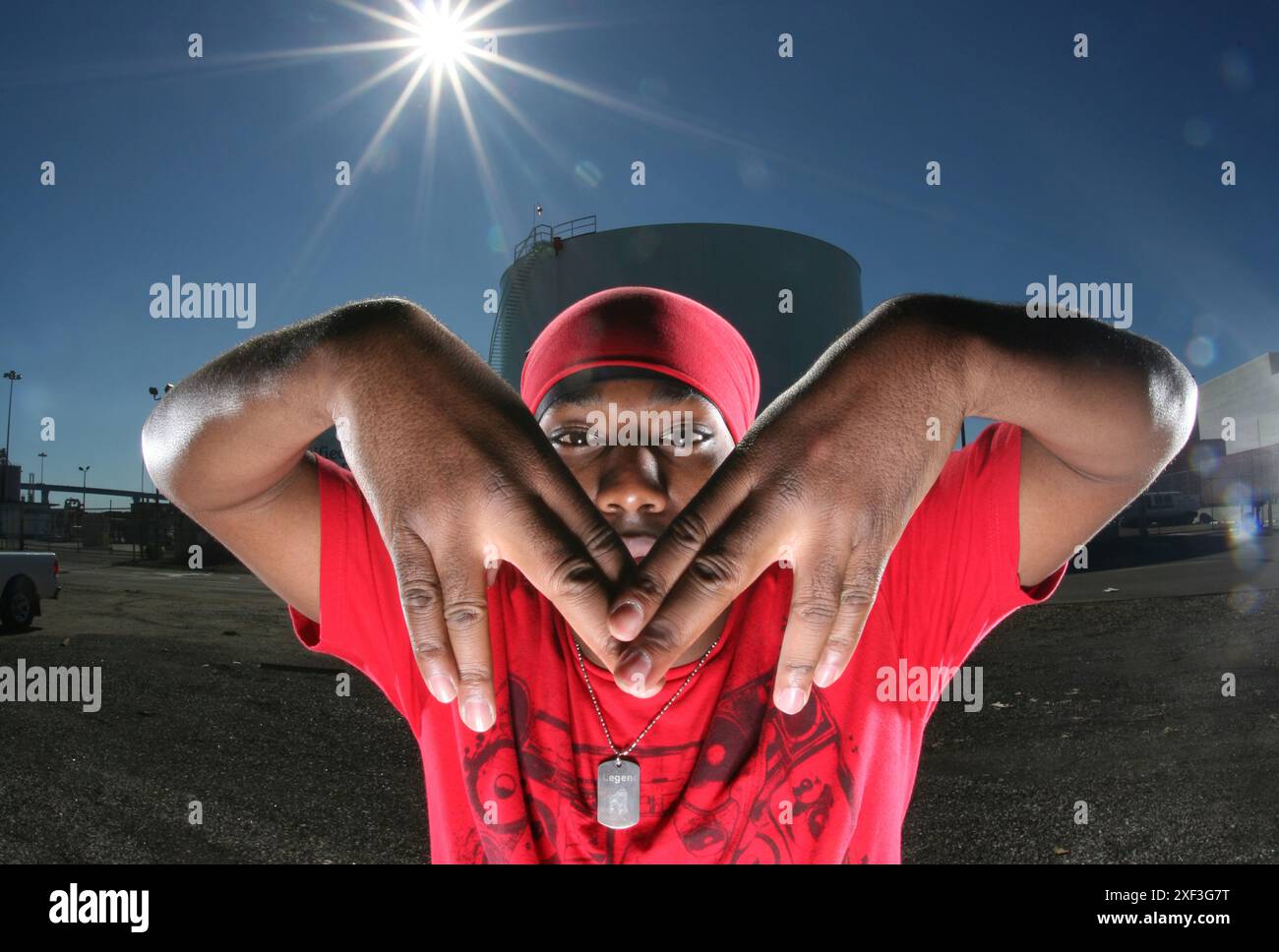 An African-American rapper and dancer poses for a portrait in an urban ...