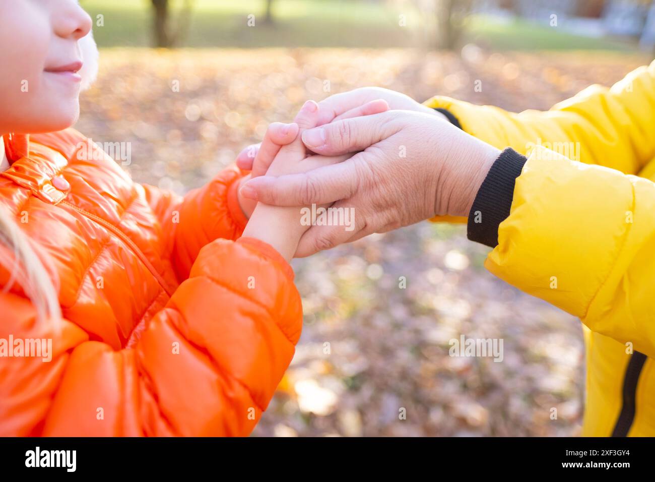 child's hands frozen, mother warms, rub cold palms girl on walk ...