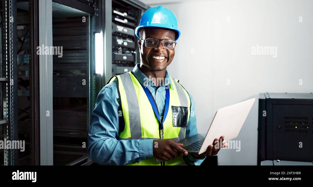 Technician, laptop and portrait in server room with smile, coding and ...