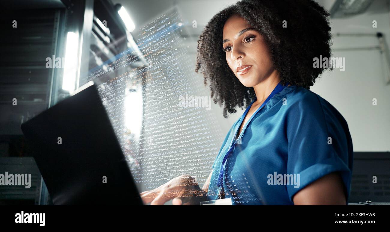 Laptop, server room and technician programming software, update or system network overlay ...