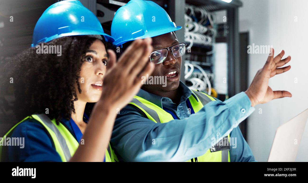 Team, engineers and communication in server room for support, repairs ...