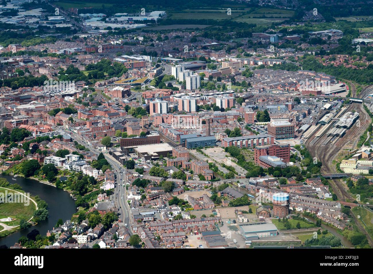 An aerial view of the City of Chester, shot from the east, looking west ...