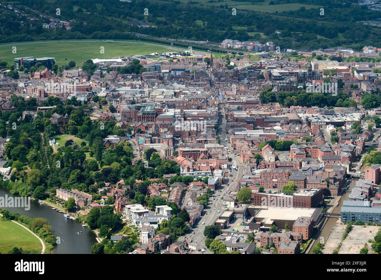 An aerial view of the City of Chester, shot from the east, looking west ...