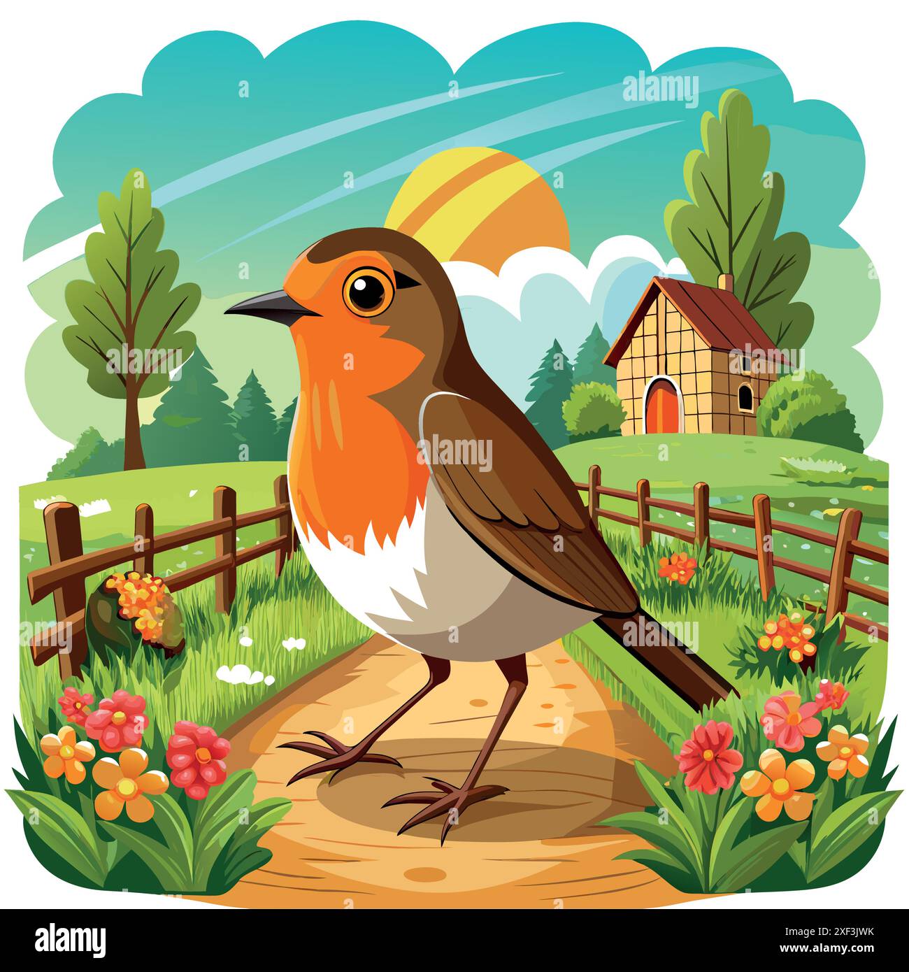 European Robin bird spoiled walks farm vector. AI generated image ...