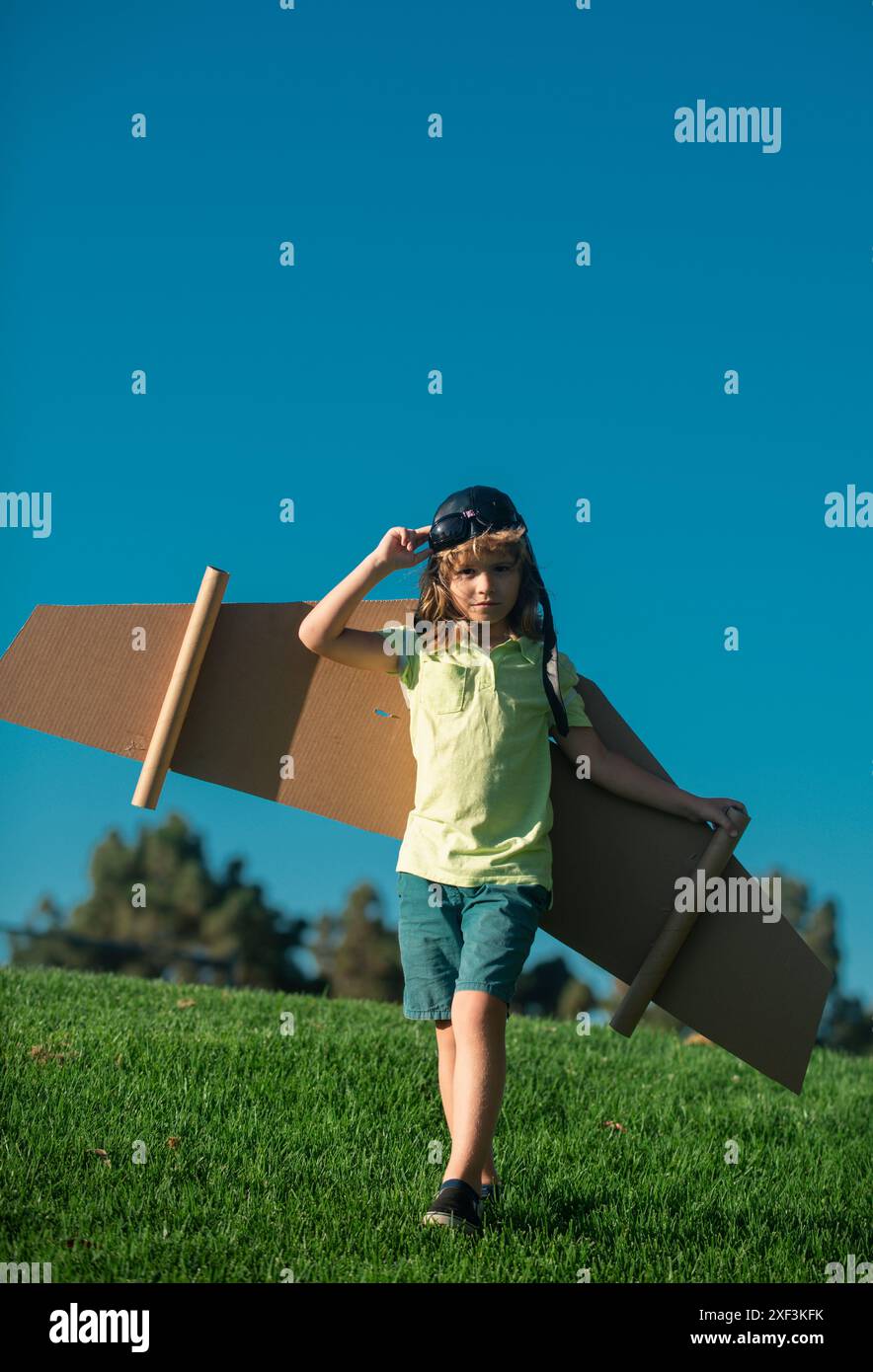 Kid boy playing with cardboard wings. Child in summer field. Kids ...