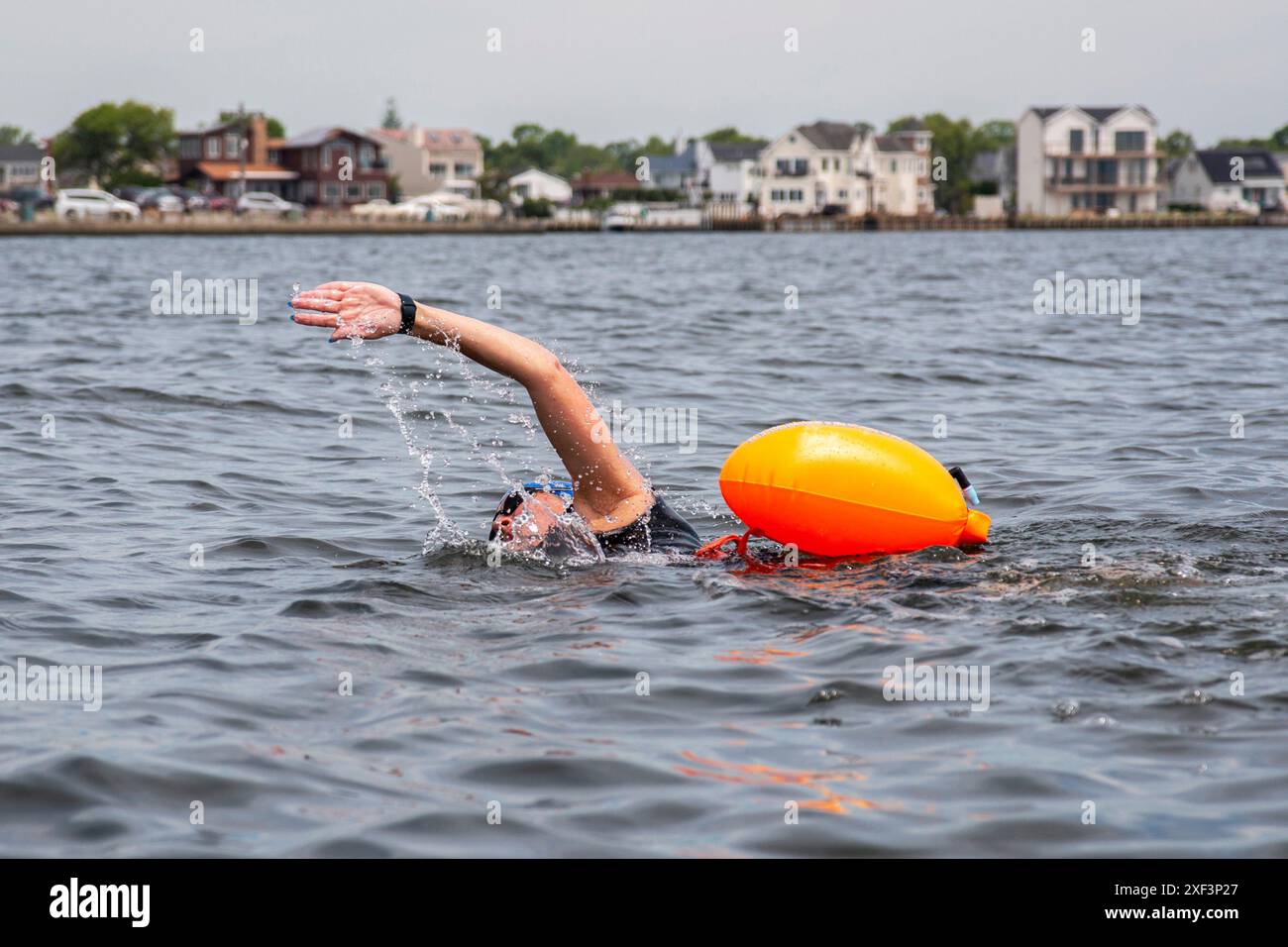 Female swimmer swimming in the open water wearing an orange floatation ...