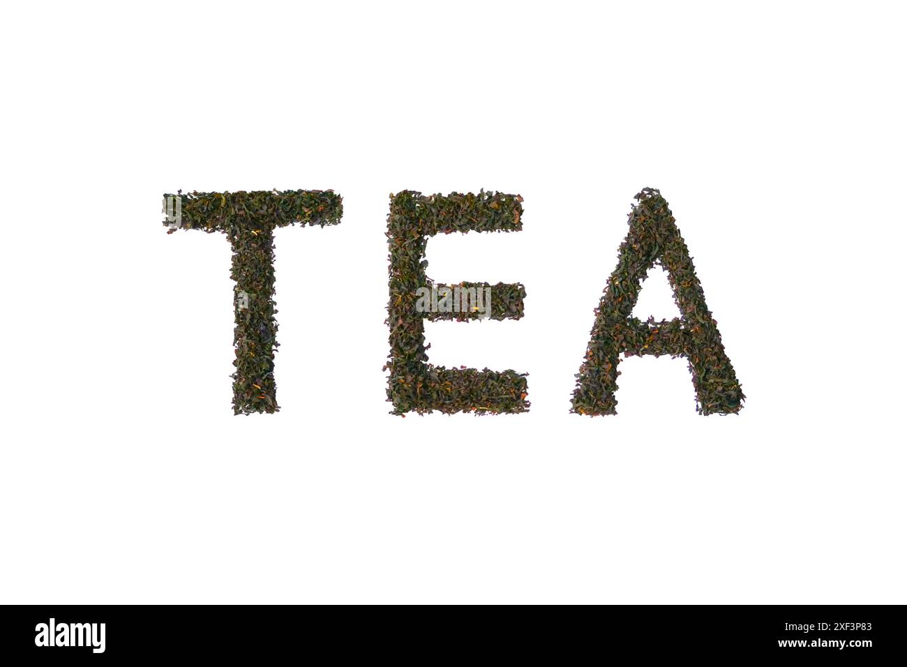 A word TEA made of tea. Headline text printed with dry tea leaves ...