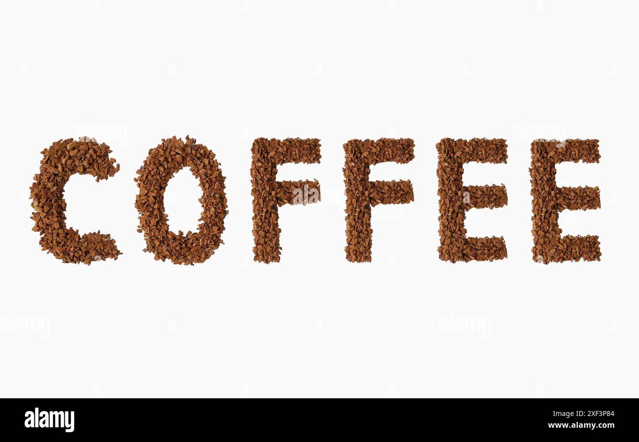 A word COFFEE made of instant coffee. Headline text printed with coffee ...