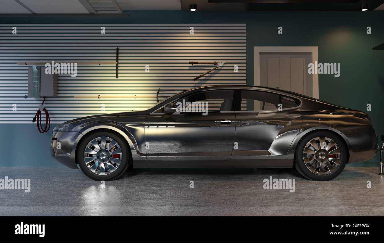 Electric car in a private garage with a wall-mounted wallbox Stock ...
