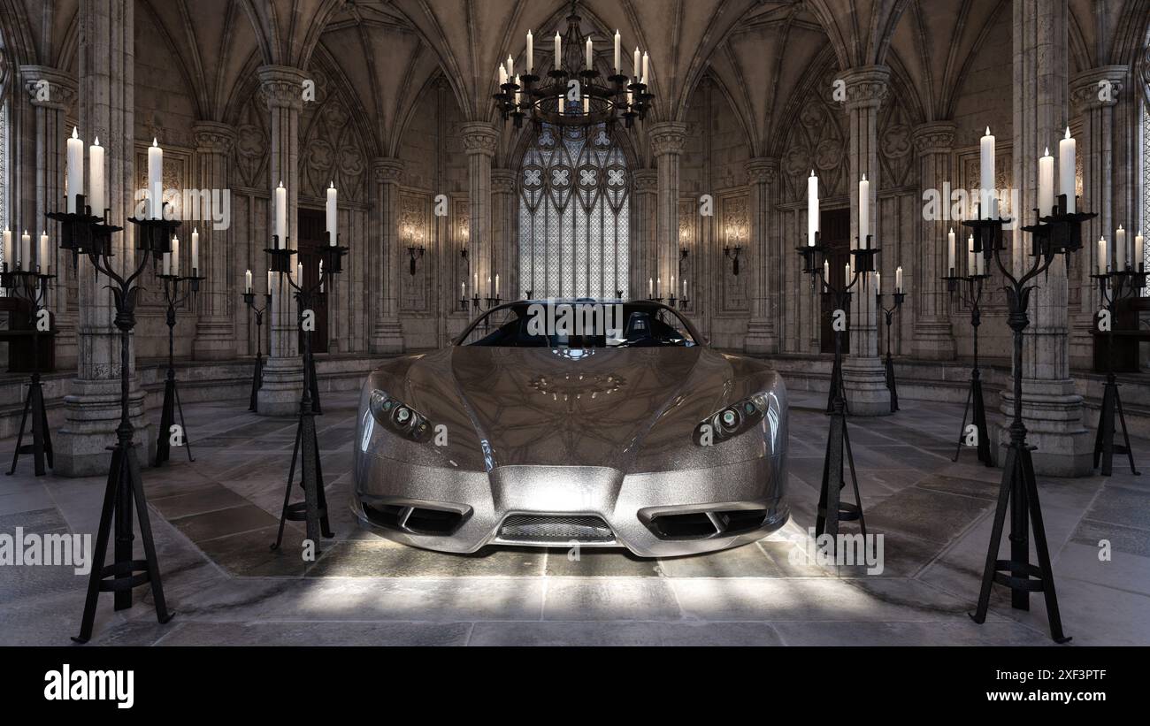 Front view of a golden sports car in an elegant medieval portico Stock ...