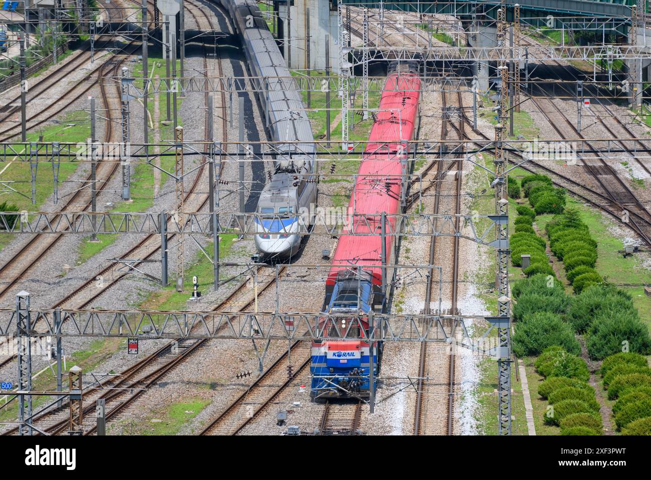 South Korean train passes between Seoul Station and Yongsan Station on ...