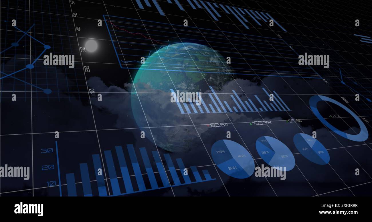 Image of graphs, changing numbers over dense clouds against moon and globe on black background ...