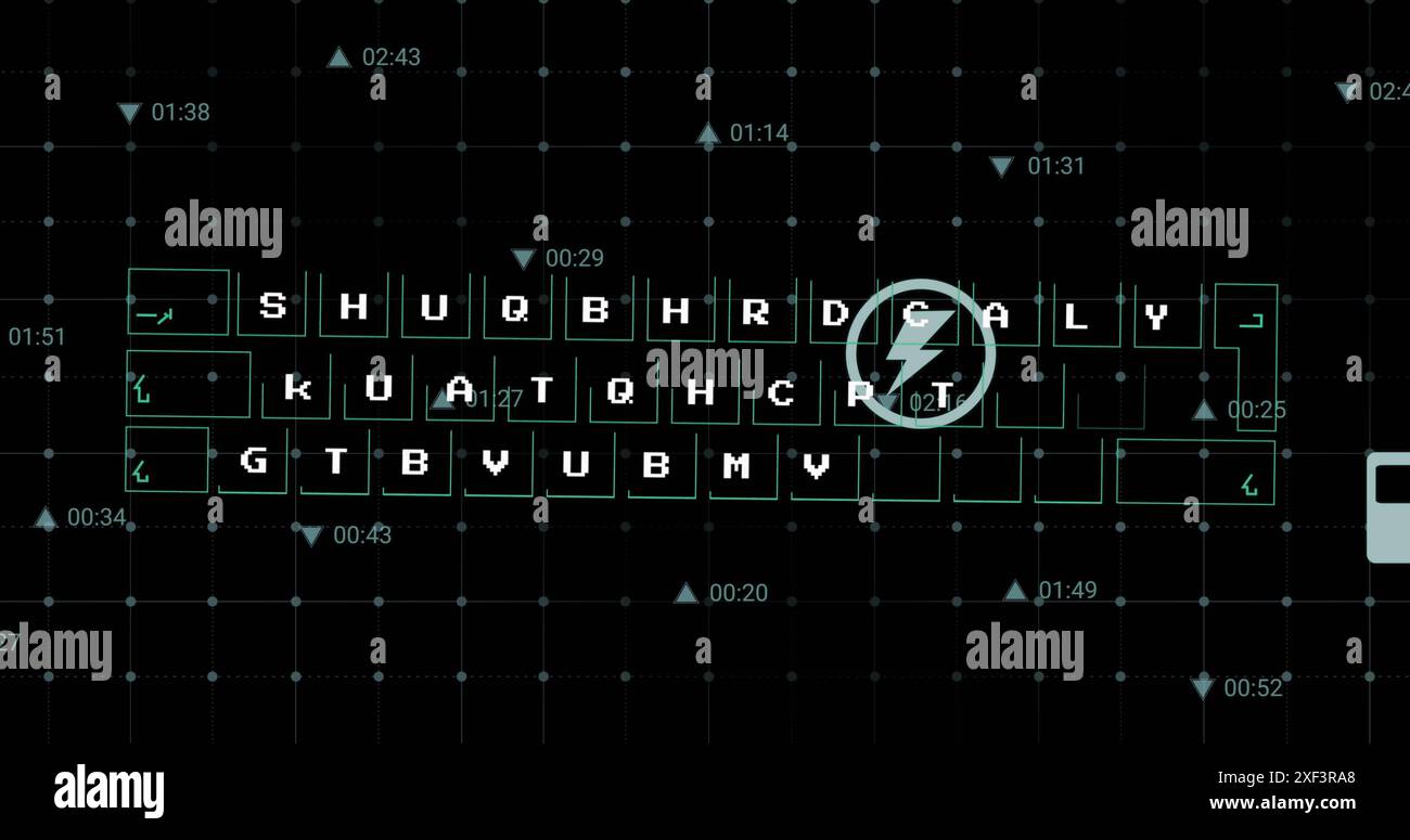 Image Of A Digital Icon And Data Processing Over Grid Network Against Black Background Stock