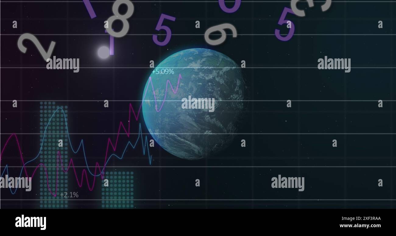 Image of changing numbers over graphs and rotating globe and moon on black background Stock ...
