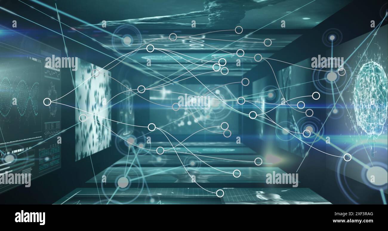 Image of network of connections, data processing over screens Stock ...
