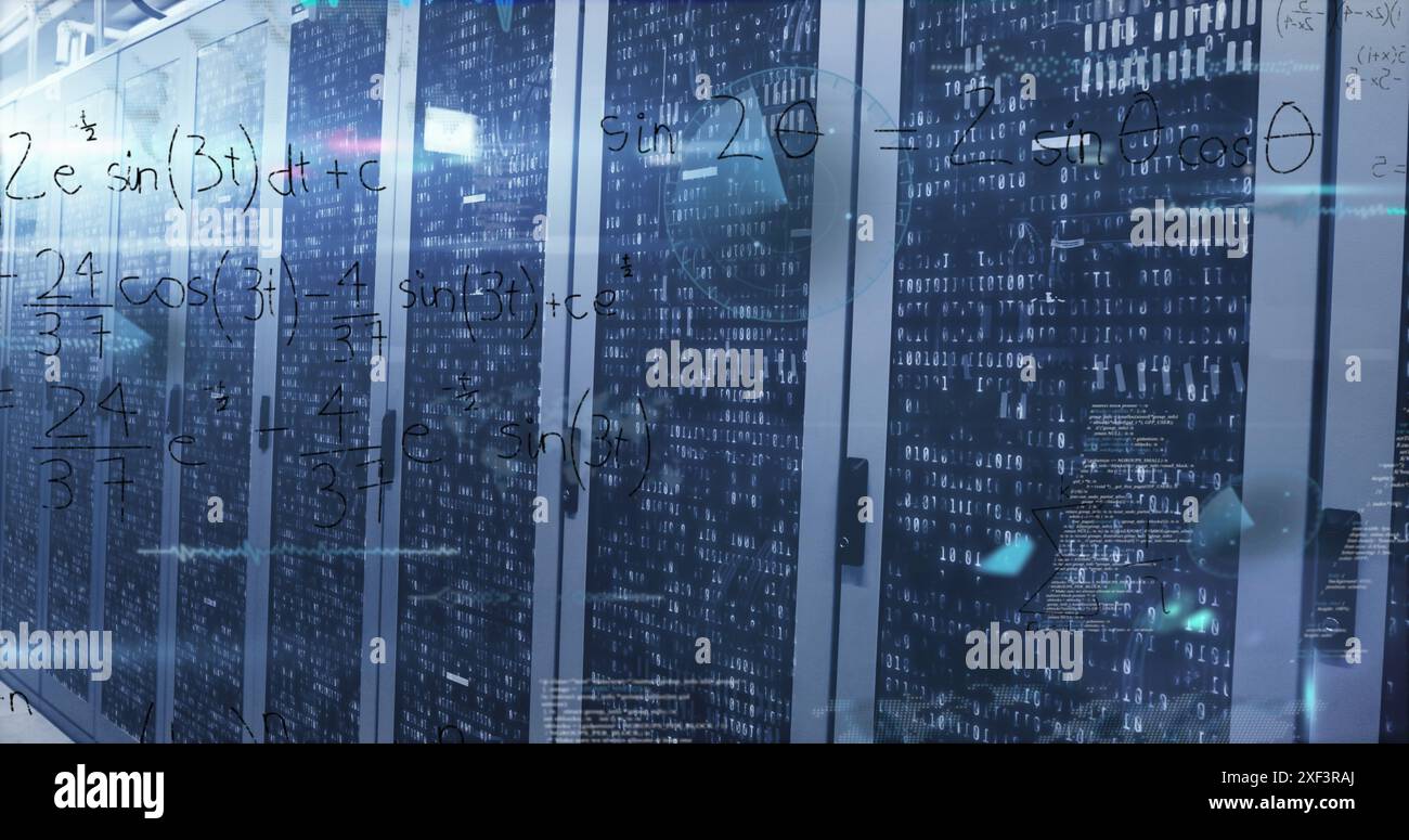 Image Of Data Processing And Mathematical Equations Against Binary Coding Over Server Room Stock