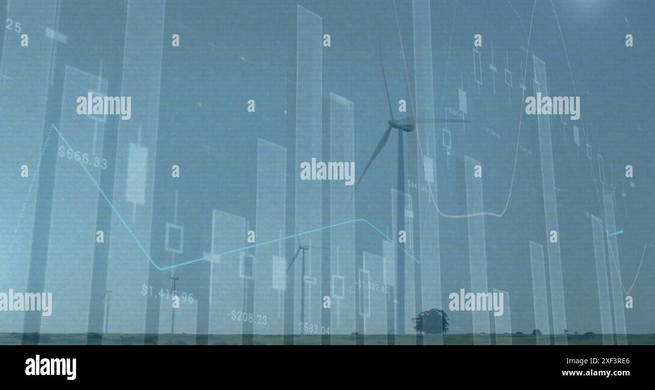 Animating of vhs glitch effect over statistical data processing against spinning windmill Stock ...