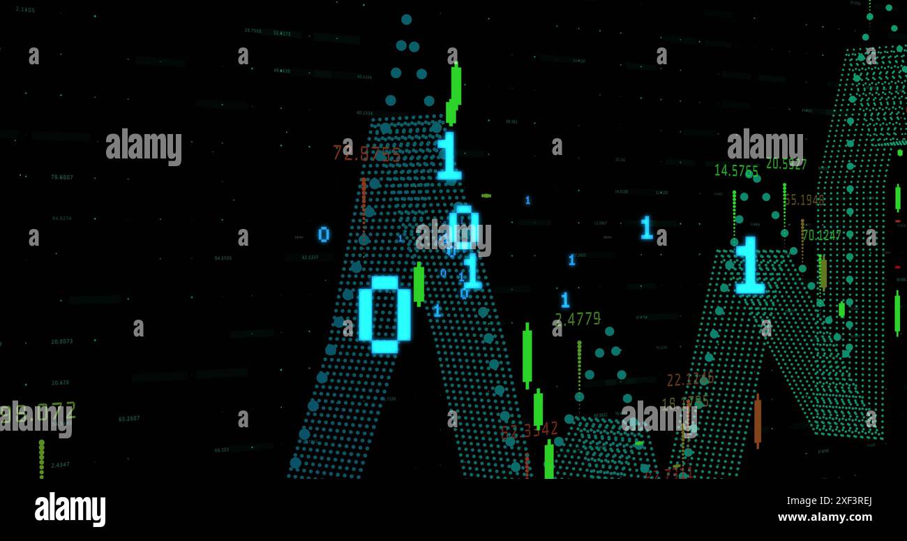 Image of financial data processing and binary coding against black background Stock Photo - Alamy
