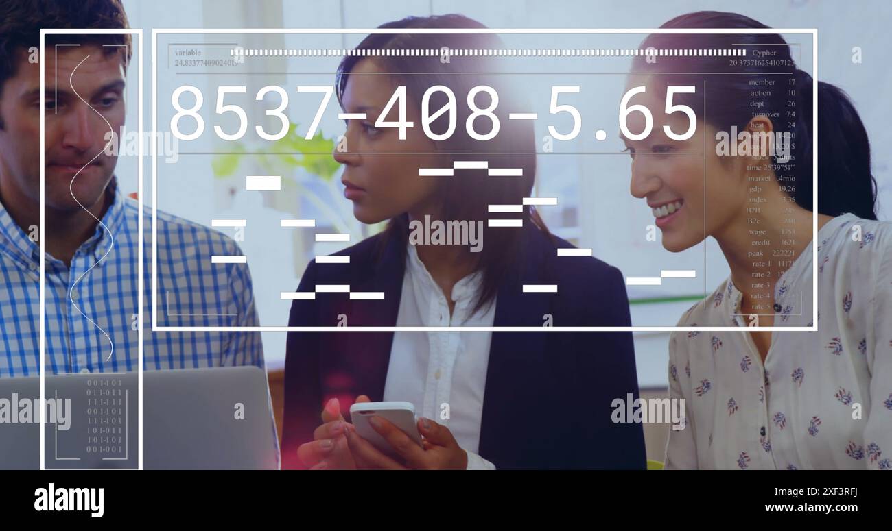 Image of interface with data processing against diverse colleagues ...
