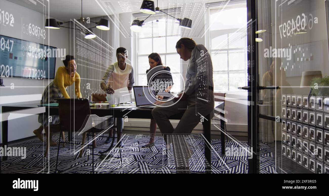 Image of changing numbers, loading bars and circles over diverse ...