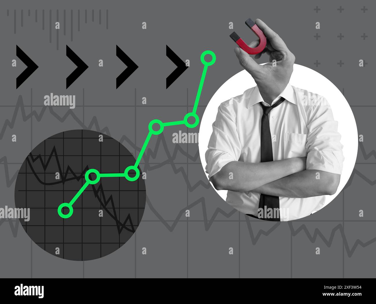 Collage with an unrecognizable businessman and a magnet as a symbol of ...