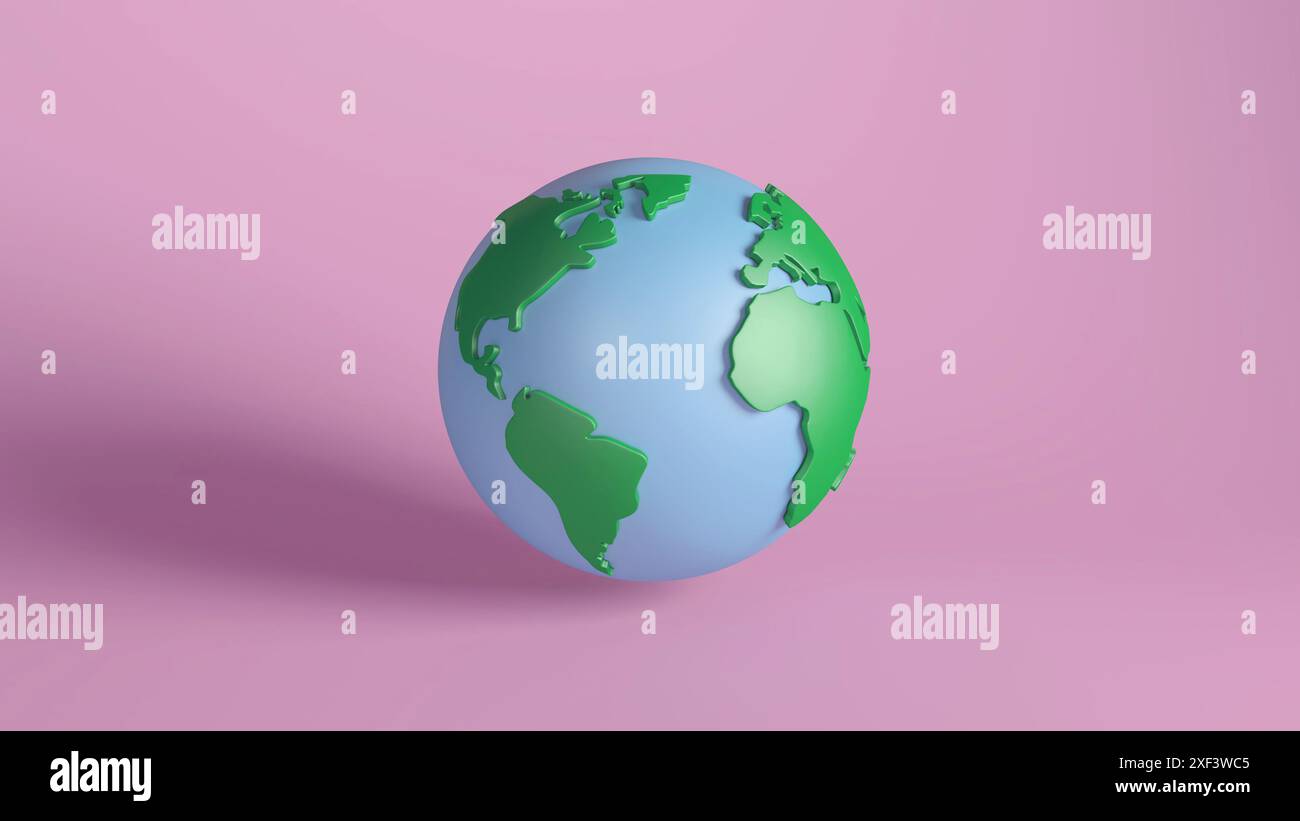 3D render of a globe depicting Earth with green continents on a blue ...